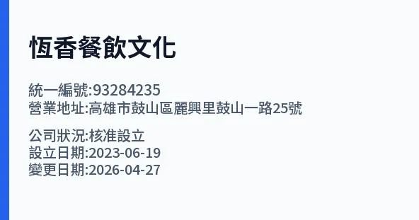恆香餐飲文化的照片-統編 93284235(高雄市) 公司登記資料與營業項目詳細圖表