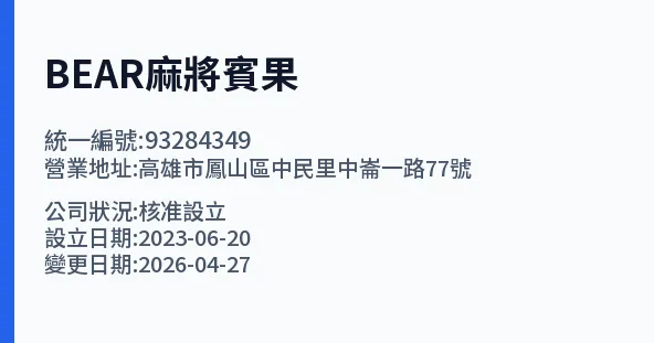 BEAR麻將賓果的照片-統編 93284349(高雄市) 公司登記資料與營業項目詳細圖表