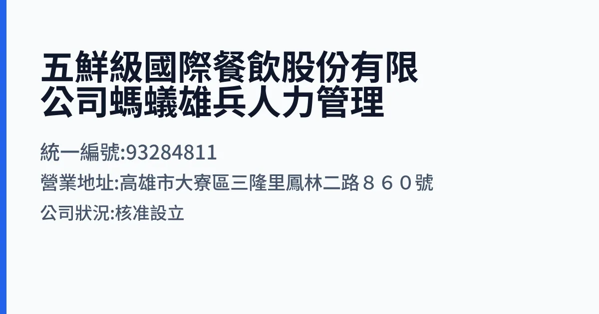 五鮮級國際餐飲股份有限公司螞蟻雄兵人力管理 - 統編 93284811(高雄市) 公司登記資料與營業項目詳細圖表