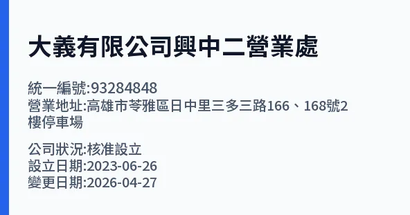 大義有限公司興中二營業處的照片-統編 93284848(高雄市) 公司登記資料與營業項目詳細圖表
