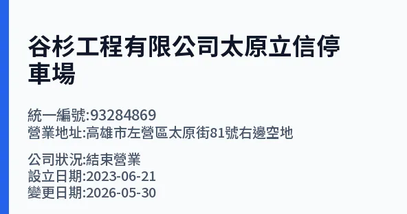 谷杉工程有限公司太原立信停車場的照片-統編 93284869(高雄市) 公司登記資料與營業項目詳細圖表