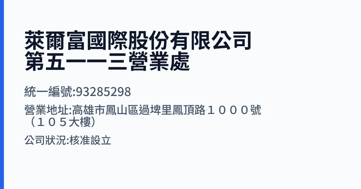 萊爾富國際股份有限公司第五一一三營業處 - 統編 93285298(高雄市) 公司登記資料與營業項目詳細圖表