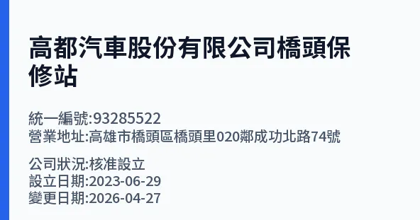 高都汽車股份有限公司橋頭保修站的照片-統編 93285522(高雄市) 公司登記資料與營業項目詳細圖表