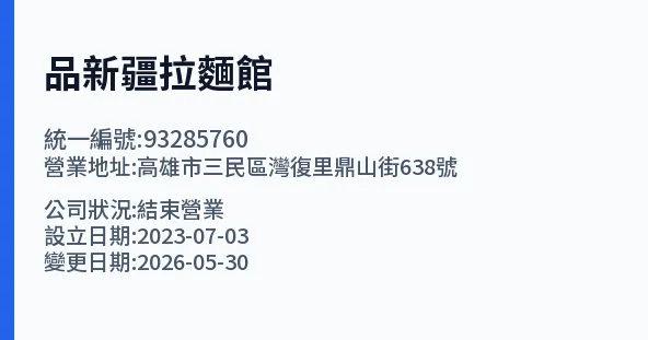 品新疆拉麵館的照片-統編 93285760(高雄市) 公司登記資料與營業項目詳細圖表
