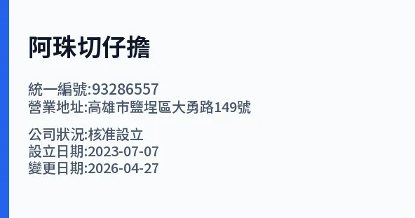 阿珠切仔擔的照片-統編 93286557(高雄市) 公司登記資料與營業項目詳細圖表