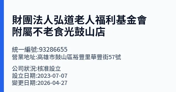 財團法人弘道老人福利基金會附屬不老食光鼓山店的照片-統編 93286655(高雄市) 公司登記資料與營業項目詳細圖表