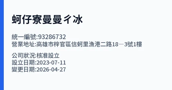 蚵仔寮曼曼ㄔ冰的照片-統編 93286732(高雄市) 公司登記資料與營業項目詳細圖表