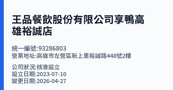 王品餐飲股份有限公司享鴨高雄裕誠店的照片-統編 93286803(高雄市) 公司登記資料與營業項目詳細圖表