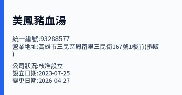 美鳳豬血湯的照片-統編 93288577(高雄市) 公司登記資料與營業項目詳細圖表