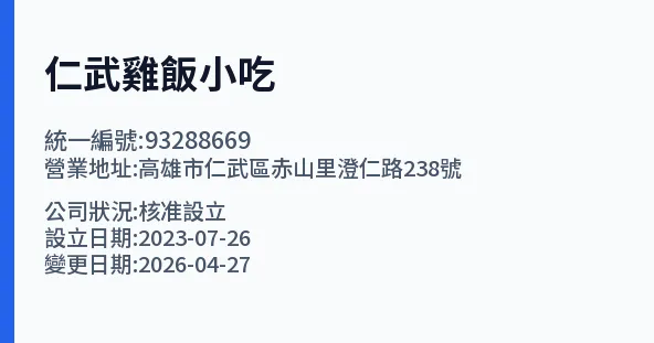 仁武雞飯小吃的照片-統編 93288669(高雄市) 公司登記資料與營業項目詳細圖表