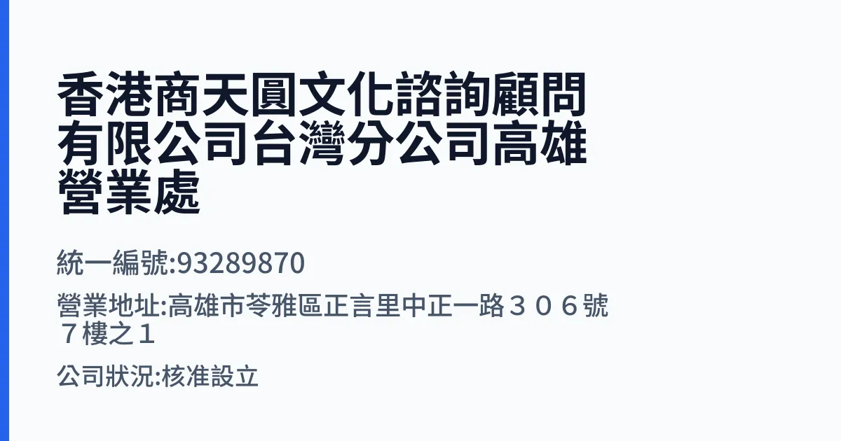 香港商天圓文化諮詢顧問有限公司台灣分公司高雄營業處 - 統編 93289870(高雄市) 公司登記資料與營業項目詳細圖表