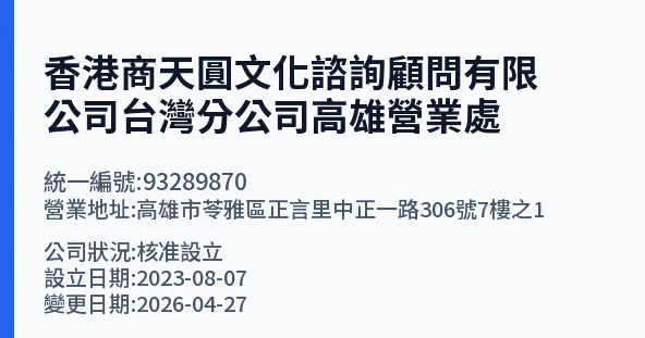 香港商天圓文化諮詢顧問有限公司台灣分公司高雄營業處的照片-統編 93289870(高雄市) 公司登記資料與營業項目詳細圖表