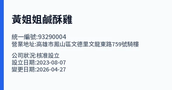 黃姐姐鹹酥雞的照片-統編 93290004(高雄市) 公司登記資料與營業項目詳細圖表