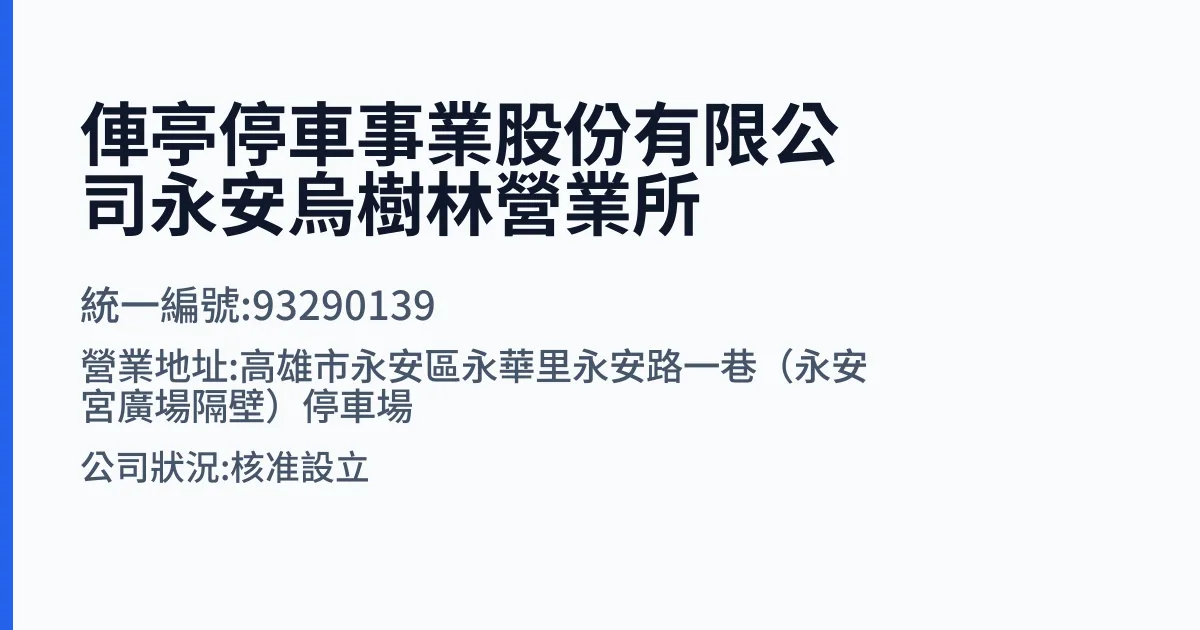 俥亭停車事業股份有限公司永安烏樹林營業所 - 統編 93290139(高雄市) 公司登記資料與營業項目詳細圖表