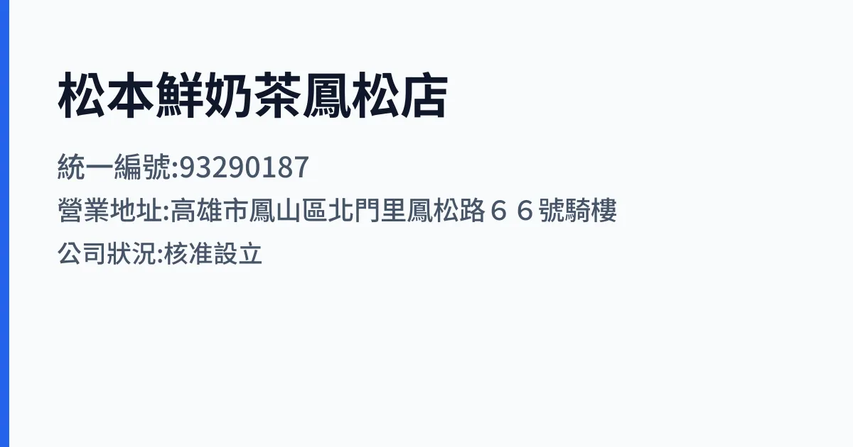 松本鮮奶茶鳳松店 - 統編 93290187(高雄市) 公司登記資料與營業項目詳細圖表