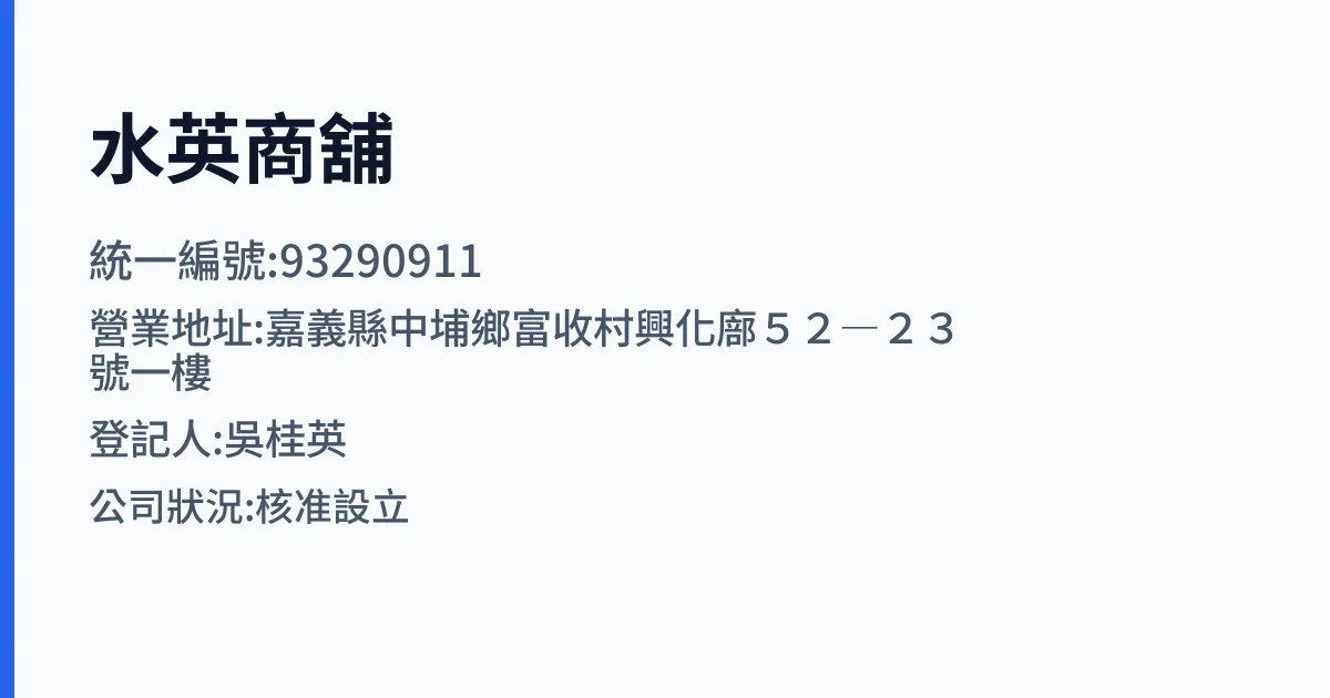 水英商舖 - 統編 93290911(嘉義縣) 公司登記資料與營業項目詳細圖表