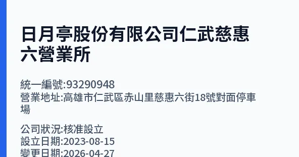 日月亭股份有限公司仁武慈惠六營業所的照片-統編 93290948(高雄市) 公司登記資料與營業項目詳細圖表