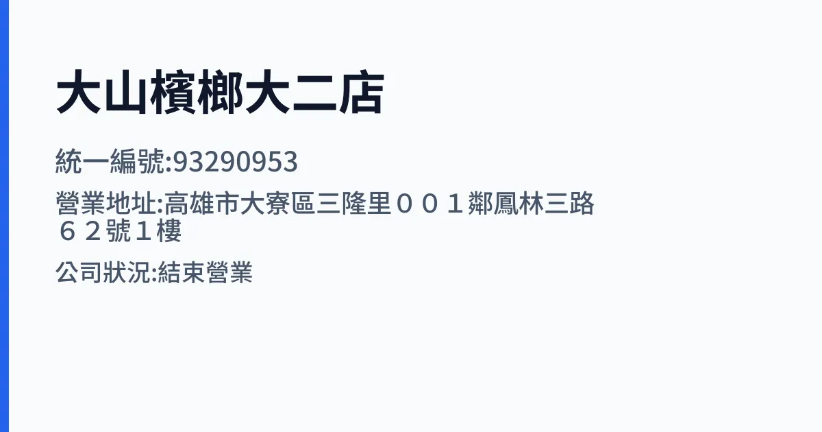 大山檳榔大二店 - 統編 93290953（高雄市） 公司登記資料與營業項目詳細圖表