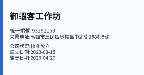 御蝦客工作坊的照片-統編 93291159(高雄市) 公司登記資料與營業項目詳細圖表