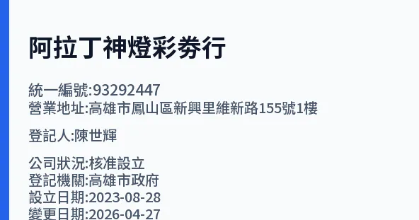 阿拉丁神燈彩劵行的照片-統編 93292447(高雄市) 公司登記資料與營業項目詳細圖表