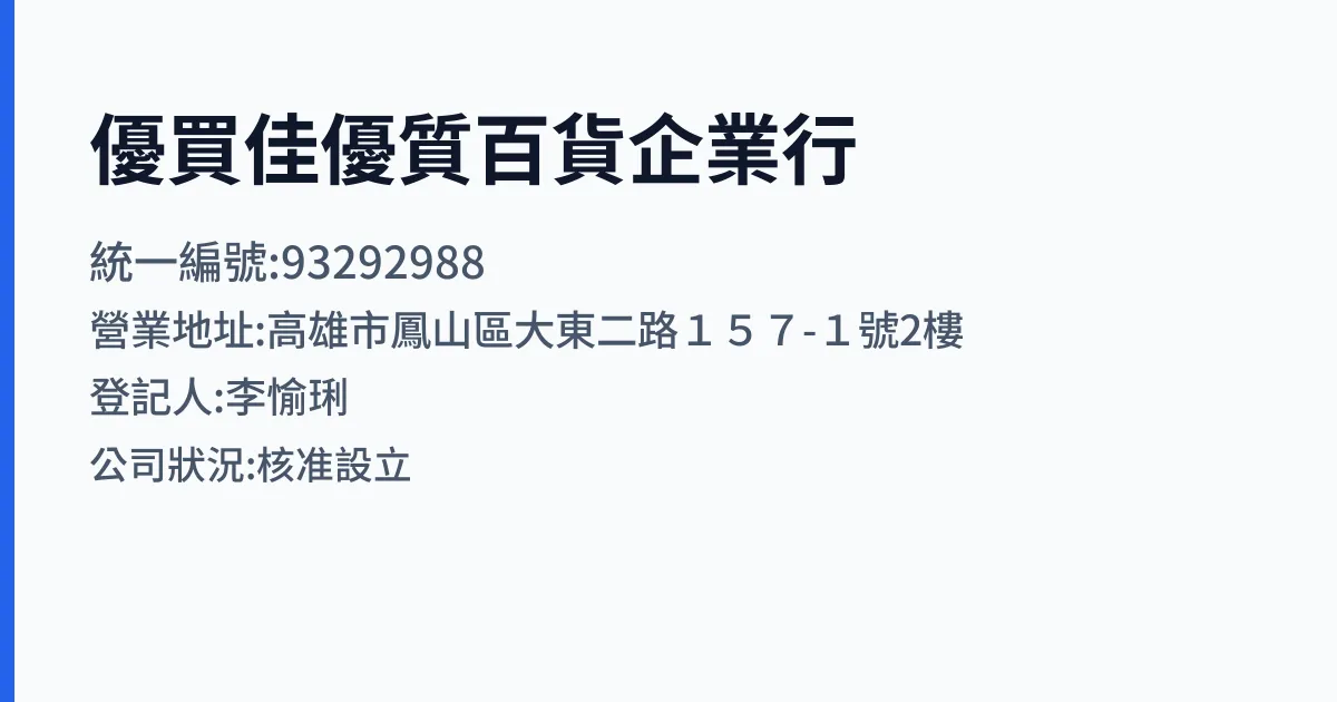 優買佳優質百貨企業行 - 統編 93292988(高雄市) 公司登記資料與營業項目詳細圖表