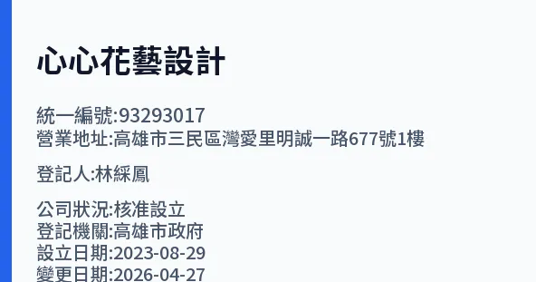心心花藝設計的照片-統編 93293017(高雄市) 公司登記資料與營業項目詳細圖表