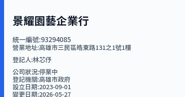 景耀園藝企業行的照片-統編 93294085(高雄市) 公司登記資料與營業項目詳細圖表