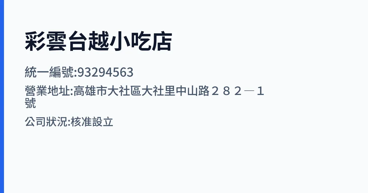 彩雲台越小吃店 - 統編 93294563(高雄市) 公司登記資料與營業項目詳細圖表