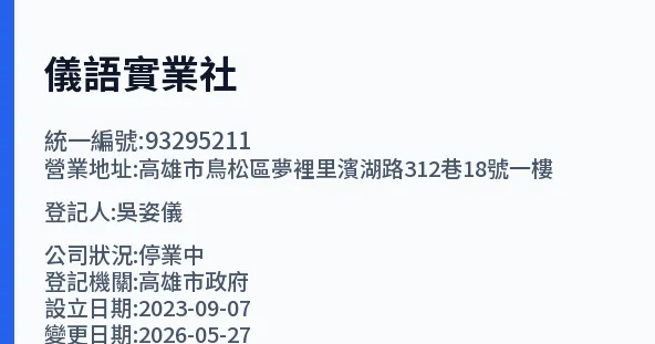 儀語實業社的照片-統編 93295211(高雄市) 公司登記資料與營業項目詳細圖表