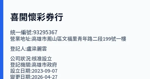 喜開懷彩券行的照片-統編 93295367(高雄市) 公司登記資料與營業項目詳細圖表
