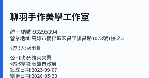 聊羽手作美學工作室的照片-統編 93295394(高雄市) 公司登記資料與營業項目詳細圖表