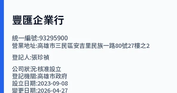 豐匯企業行的照片-統編 93295900(高雄市) 公司登記資料與營業項目詳細圖表