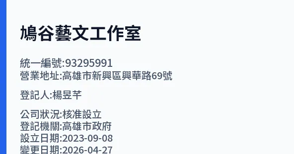 鳩谷藝文工作室的照片-統編 93295991(高雄市) 公司登記資料與營業項目詳細圖表