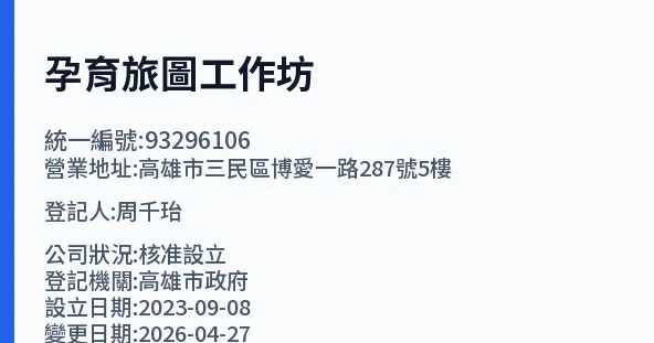 孕育旅圖工作坊的照片-統編 93296106(高雄市) 公司登記資料與營業項目詳細圖表