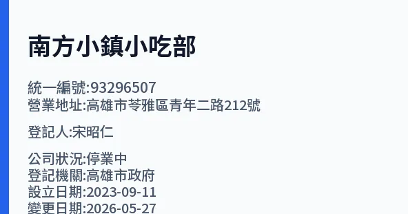 南方小鎮小吃部的照片-統編 93296507(高雄市) 公司登記資料與營業項目詳細圖表