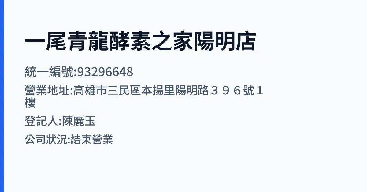 一尾青龍酵素之家陽明店 - 統編 93296648(高雄市) 公司登記資料與營業項目詳細圖表
