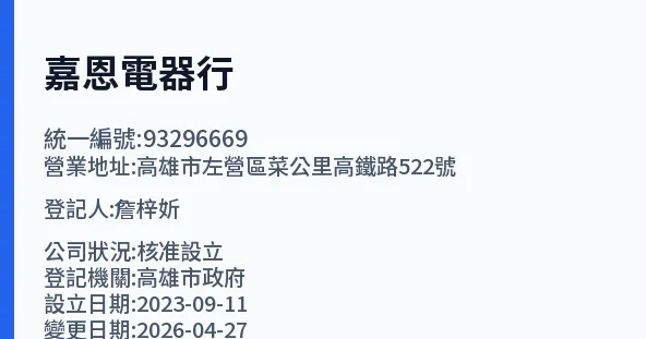 嘉恩電器行的照片-統編 93296669(高雄市) 公司登記資料與營業項目詳細圖表