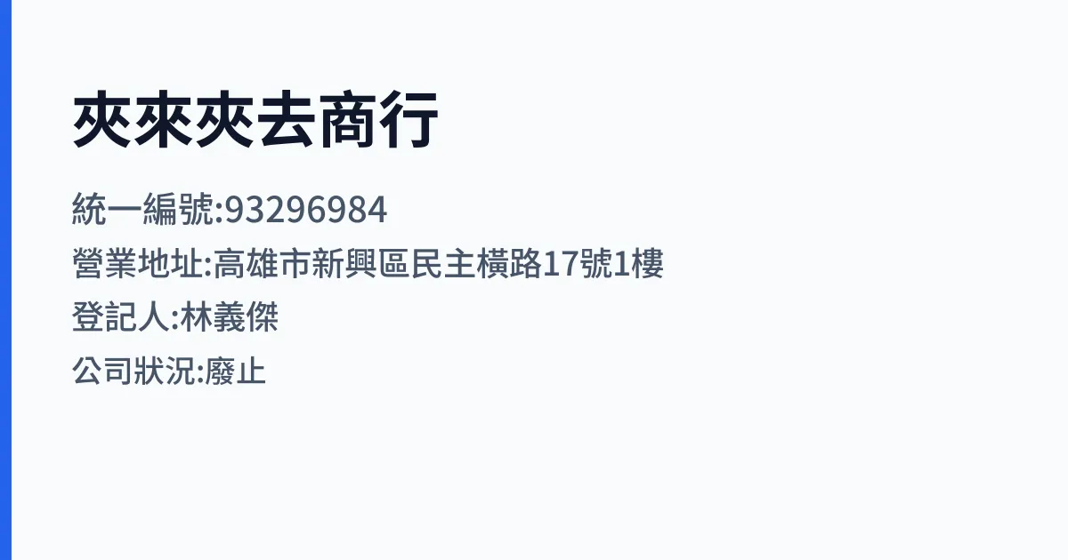 夾來夾去商行 - 統編 93296984(高雄市) 公司登記資料與營業項目詳細圖表