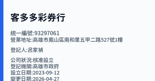 客多多彩券行的照片-統編 93297061(高雄市) 公司登記資料與營業項目詳細圖表