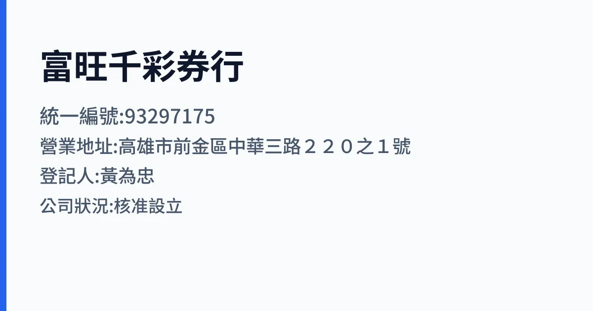 富旺千彩券行 - 統編 93297175(高雄市) 公司登記資料與營業項目詳細圖表