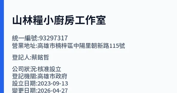 山林糧小廚房工作室的照片-統編 93297317(高雄市) 公司登記資料與營業項目詳細圖表