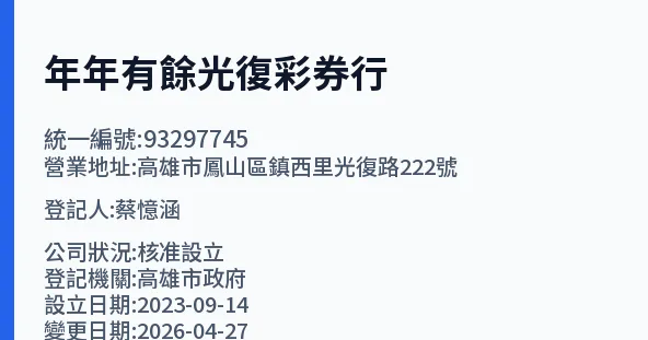 年年有餘光復彩券行的照片-統編 93297745(高雄市) 公司登記資料與營業項目詳細圖表