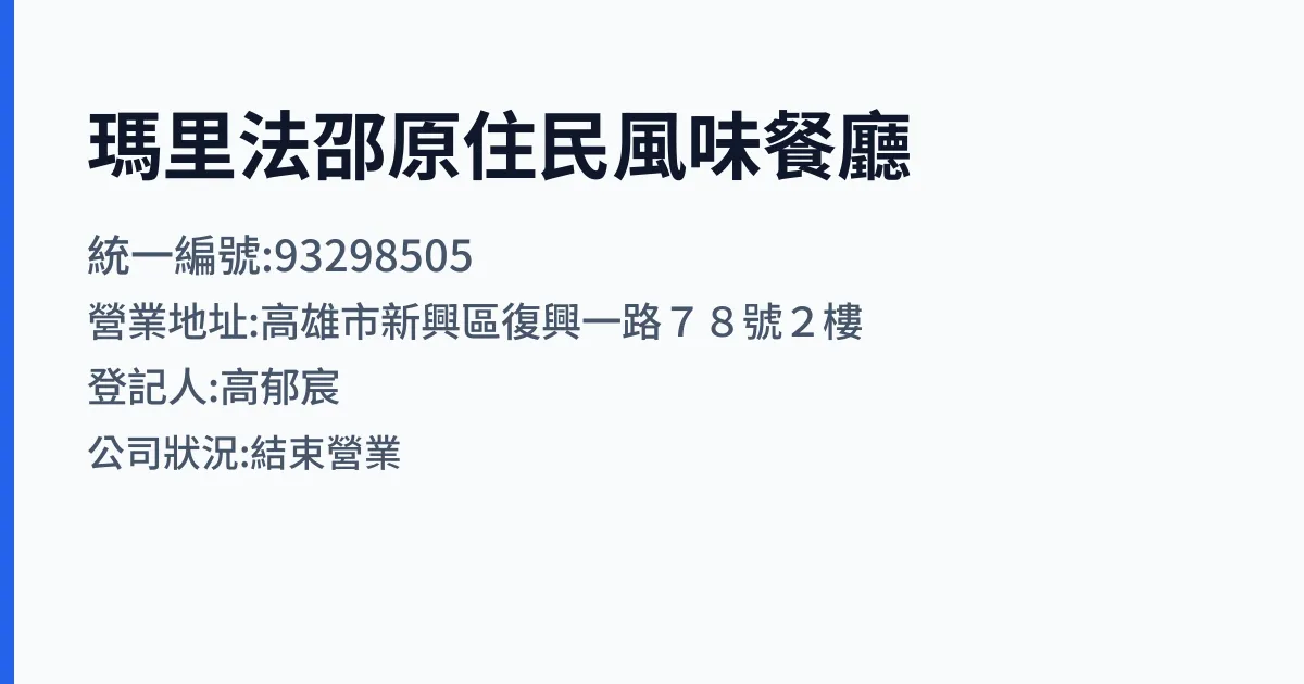 瑪里法邵原住民風味餐廳 - 統編 93298505(高雄市) 公司登記資料與營業項目詳細圖表