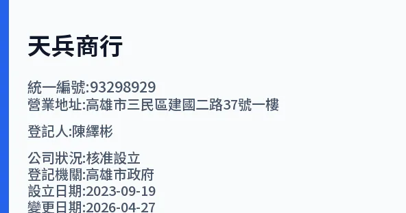 天兵商行的照片-統編 93298929(高雄市) 公司登記資料與營業項目詳細圖表