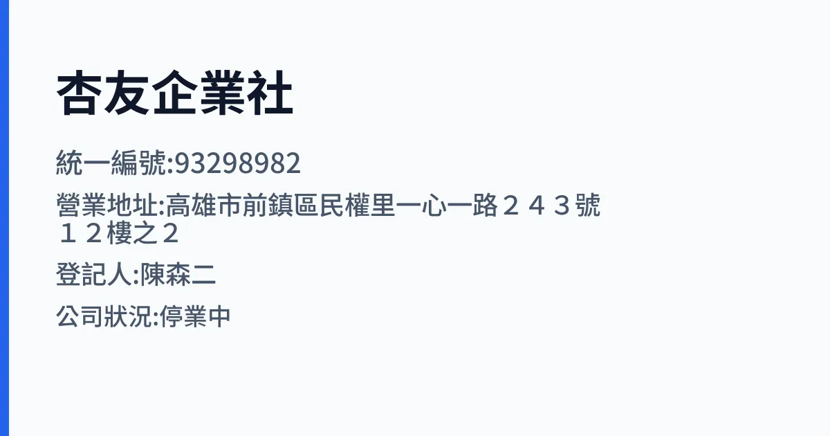 杏友企業社 - 統編 93298982(高雄市) 公司登記資料與營業項目詳細圖表