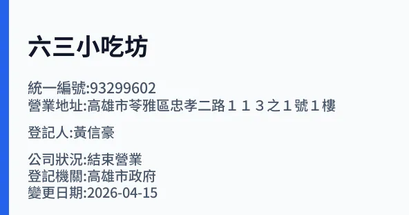 六三小吃坊的照片-統編 93299602(高雄市) 公司登記資料與營業項目詳細圖表