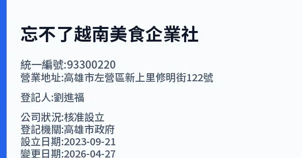 忘不了越南美食企業社的照片-統編 93300220(高雄市) 公司登記資料與營業項目詳細圖表