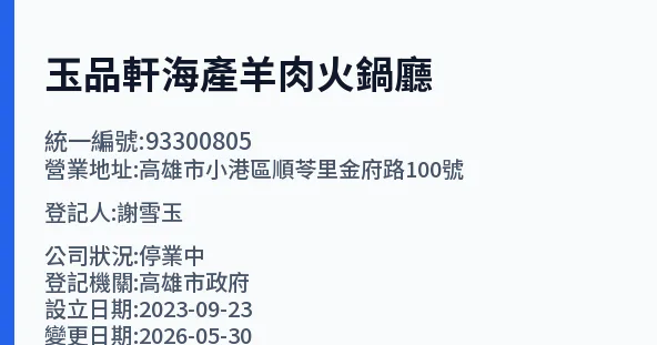 玉品軒海產羊肉火鍋廳的照片-統編 93300805(高雄市) 公司登記資料與營業項目詳細圖表