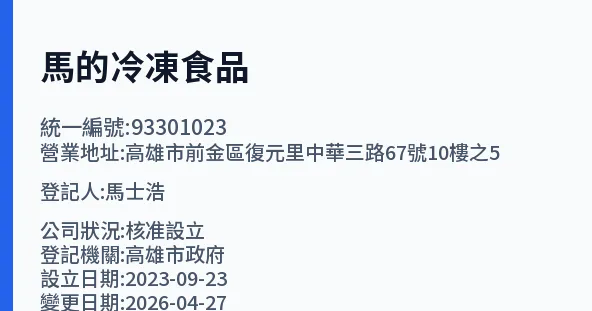 馬的冷凍食品的照片-統編 93301023(高雄市) 公司登記資料與營業項目詳細圖表