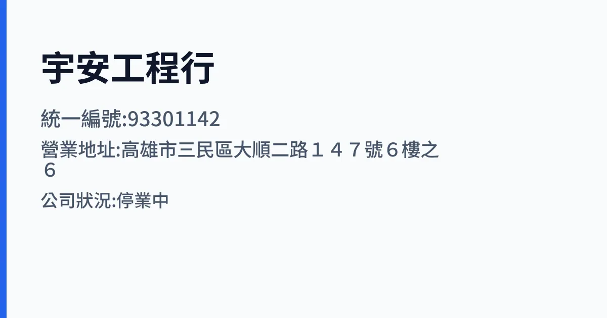 宇安工程行 - 統編 93301142(高雄市) 公司登記資料與營業項目詳細圖表